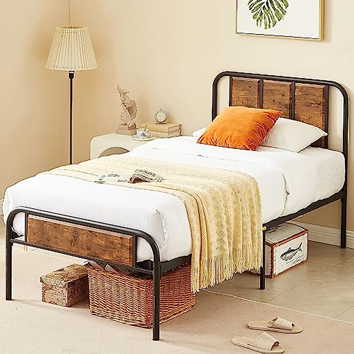VECELO Bed Frame with Wooden Headboard Metal Slats, High Metal Platform Bed, No Box Spring Needed(Twin, Vintage Brown)