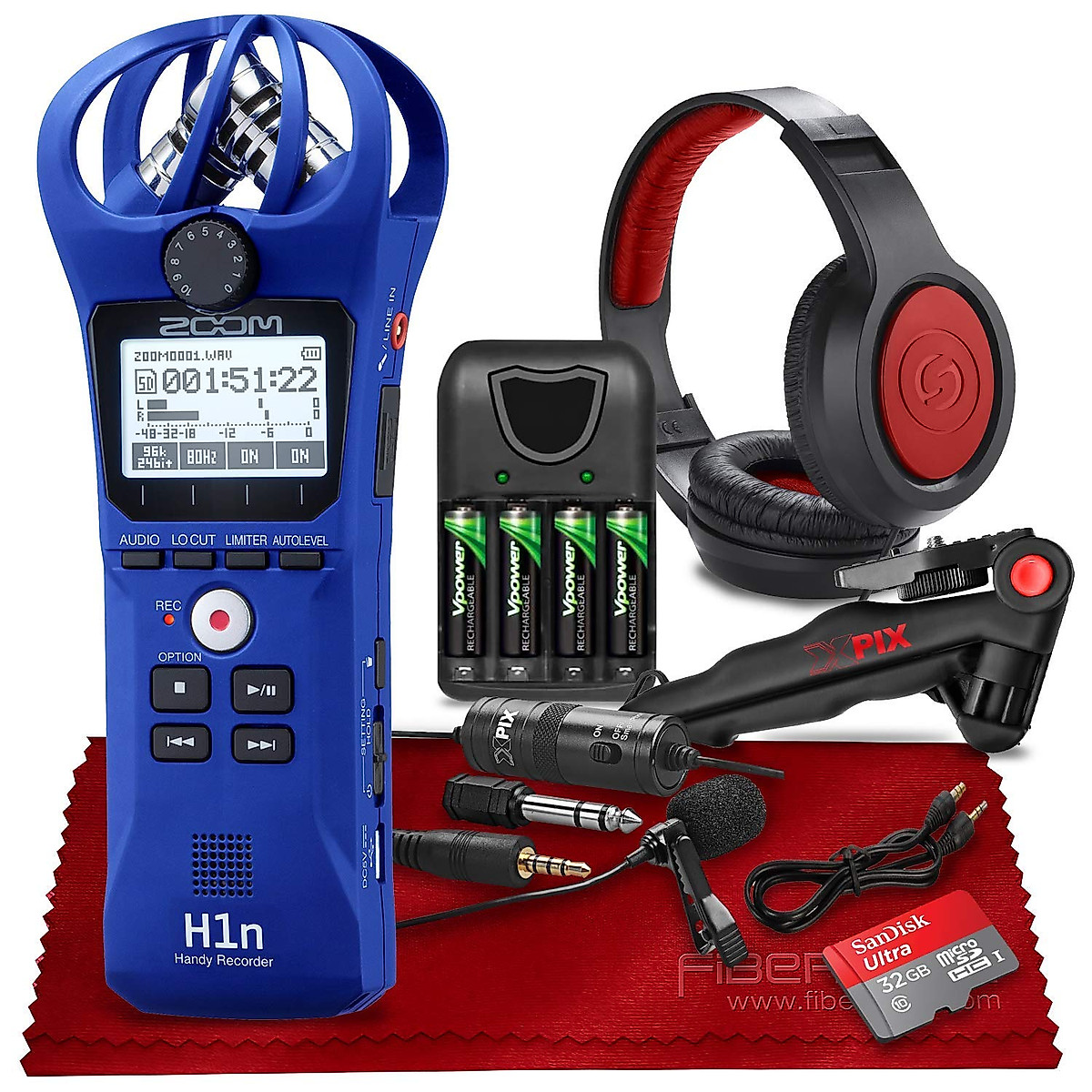 Zoom H1n 2-Input / 2-Track Portable Handy Recorder with Onboard X/Y Microphone (Blue) + Xpix Professional Lavalier Microphone, Stereo Headphones, 32GB SD Card, AAA Batteries & Charger & Accessories