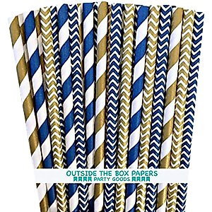 Outside the Box Papers Navy Blue and Gold Chevron and Stripe Paper Straws 7.75 Inches 100 Pack Navy Blue, Gold, White