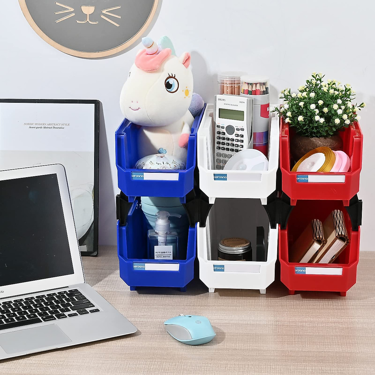 AERCANA White Plastic Stackable Storage Bins Parts Storage Organizer Garage Storage Bins for long parts(White, L10.6 inch*W5.5 inch*H5 inch)