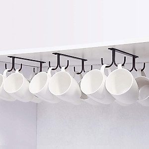ABuff 6 Pack Cabinet Hook Mug Holder - Hanging Coffee Cup Rack for Kitchen, 24 Hooks Under Cabinets Metal Hangers Organizer Shelf Storage Utensil (Black)
