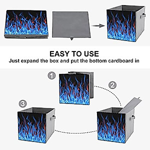 Blue and Red Fire Flame Storage Bin Foldable Cube Closet Organizer Square Baskets Box with Dual Handles