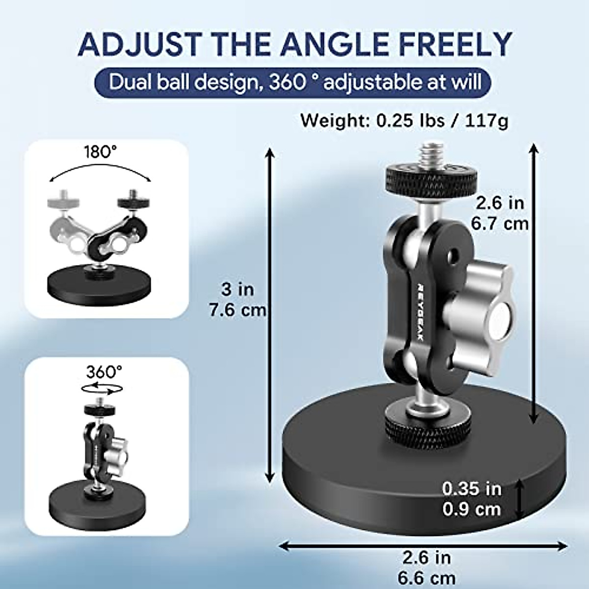 REYGEAK Strong Magnet Camera Mount for GoPro, with Mobile Phone Clip Magnets Camera Mount with 360 Degree Rotation Double Ball Head for Car Body, Compatible with GoPro Hero 11/10/9/ Insta360 X3