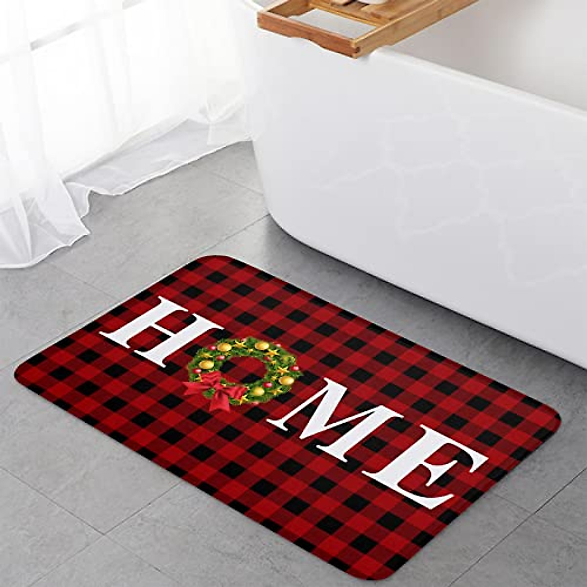 Prironde Front Door Mats Outdoor Indoor Kitchen Mat, Black Red Plaid Green Christmas Wreath Red Bow Xmas Home Entrance Doormat Non-Slip Bathroom Rugs Washable Floor Mats for Sink/Porch, 16" x 24"