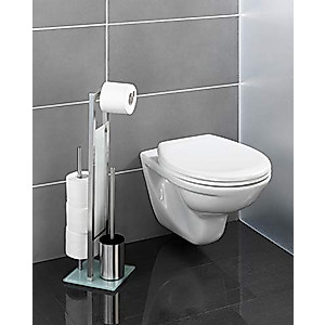 Wenko Rivalta Free Standing 3 Piece Bathroom Accessory, Brush Tissue Roll Holder, Paper Dispenser, Toilet Set, Chrome Matt, 27.55 x 7.08 x 7.87 inc, 18 x 19 x 69 cm
