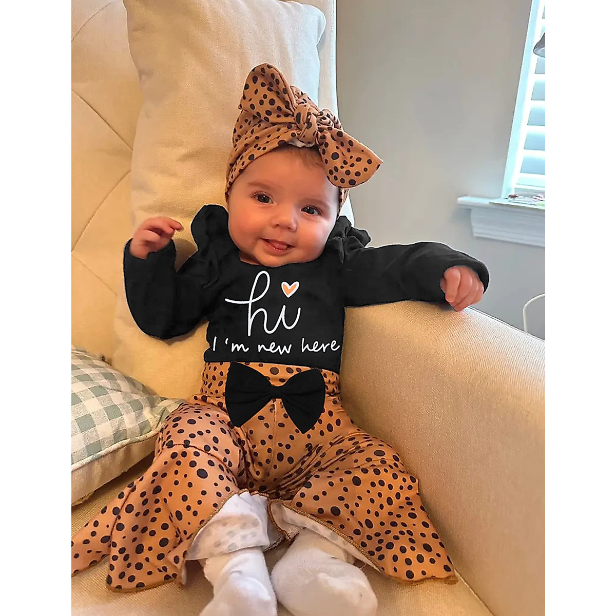 ADIFUN Newborn Girl Clothes Hi I'M New Here Black Ruffle Long Sleeve Tops Tights Leopard Baby Bell Bottoms Headband Hood 4pcs Set Newborn Baby Girl Outfits
