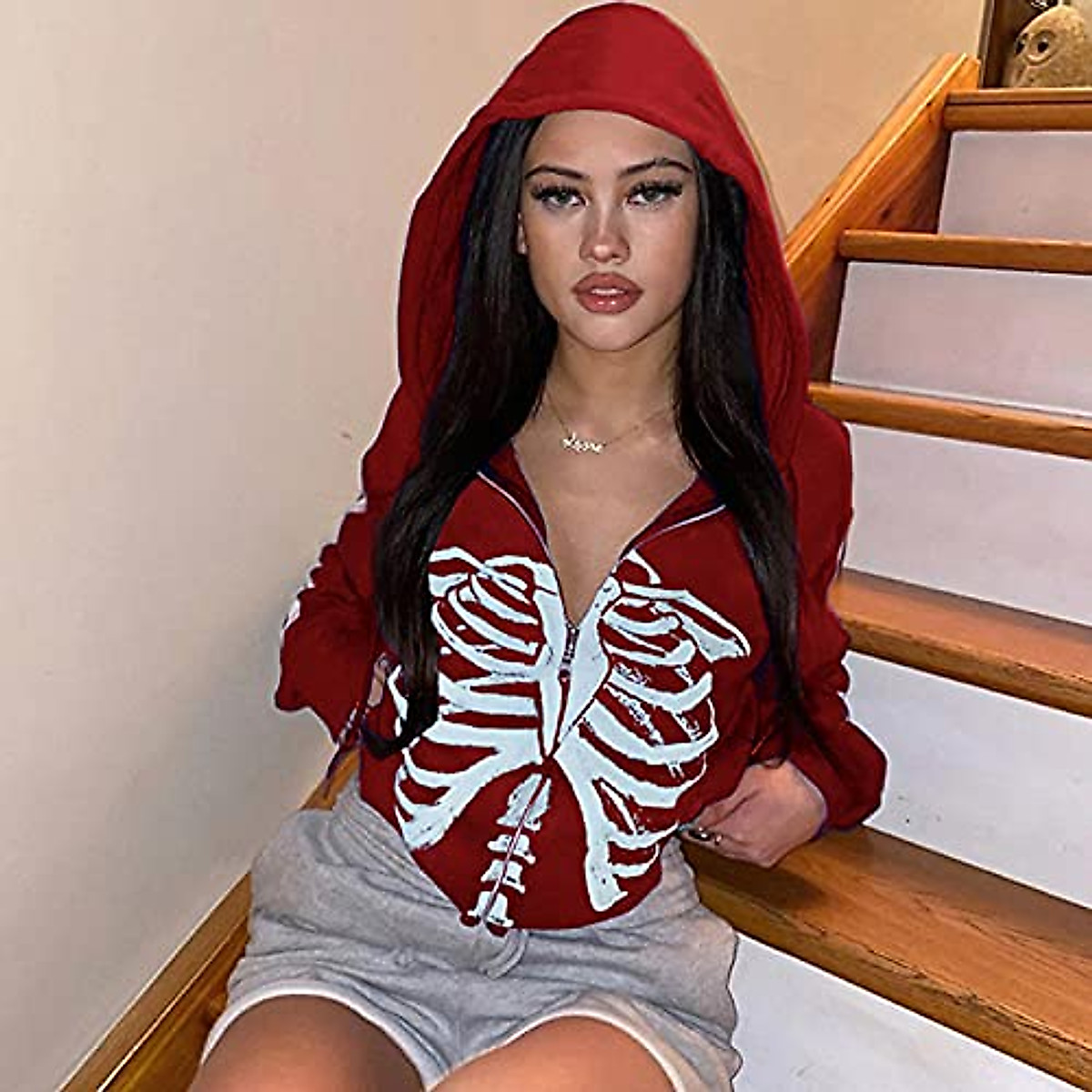 Prreey Women Oversized Fashion Sweatshirt Zip Up Hoodie,Long Sleeve Pullover Casual Pockets Hoodie Skeleton Jacket (E# Red Bone, Small)