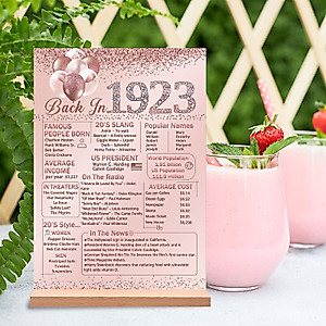 Vlipoeasn Pink 101st Birthday Anniversary Table Decoration 1923 Poster for Women, Rose Gold Back in 1923 Acrylic Table Sign with Wooden Stand, 101 Year Old Birthday Party Centerpieces Gift Supplies