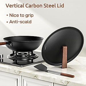 Todlabe Nonstick Wok, 13-Inch Carbon Steel Wok Pan with Lid Woks & Stir-Fry Pans No Chemical Coated Wok with Spatula Flat Bottom Cookware Chinese Wok for Induction, Electric, Gas, Halogen, All Stoves