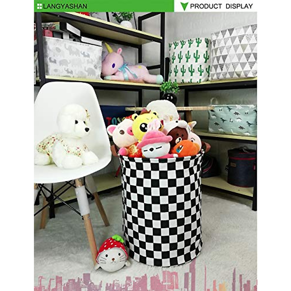 LANGYASHAN Laundry Basket Canvas Fabric Collapsible Organizer Basket for Storage Bin Toy Bins Gift Baskets Bedroom Clothes Children Nursery Hamper (Racing Flag)