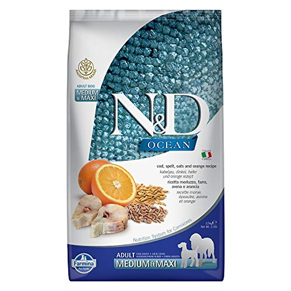 Farmina N&D Ocean Dog Dry Med/Maxi Cod Spelt Oats Orange 5.5 Pounds