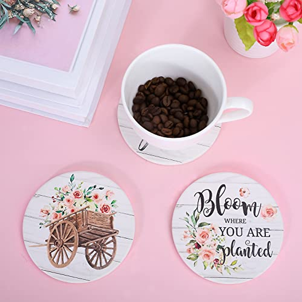 Whaline Spring Coasters 6 Pack Rustic Farmhouse Drink Coaster Truck Floral Flower Ceramic Coaster Cup Mat for Mugs Cups Home Kitchen Party Supplies, 4.1 x 0.3 Inch