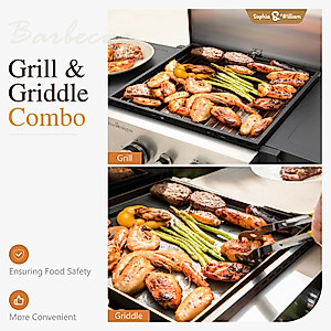 Sophia & William 2-Burner Gas BBQ Grill With Flat Top, Small Outdoor Propane Barbecue Grill with Side Shelves,Lid and Hose & Regulator for Camping, 20,000 BTU,Black