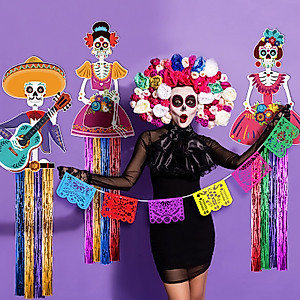 TaoBary 15 Pcs Day of the Dead Decorations Set 34 Inches Sugar Skull Hanging Decor 16.4 Ft Papel Picado Banners Mexicano Dia De Los Muertos Large Skull Decoration for Halloween Party Supplies