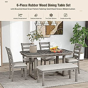 CITYLIGHT 6 Piece Kitchen Dining Table Set, Rubber Wood Rectangular Dining Table with Beautiful Wood Grain Pattern Tabletop Solid Wood Veneer and Soft Cushion for Home, Dining Room(Gray)