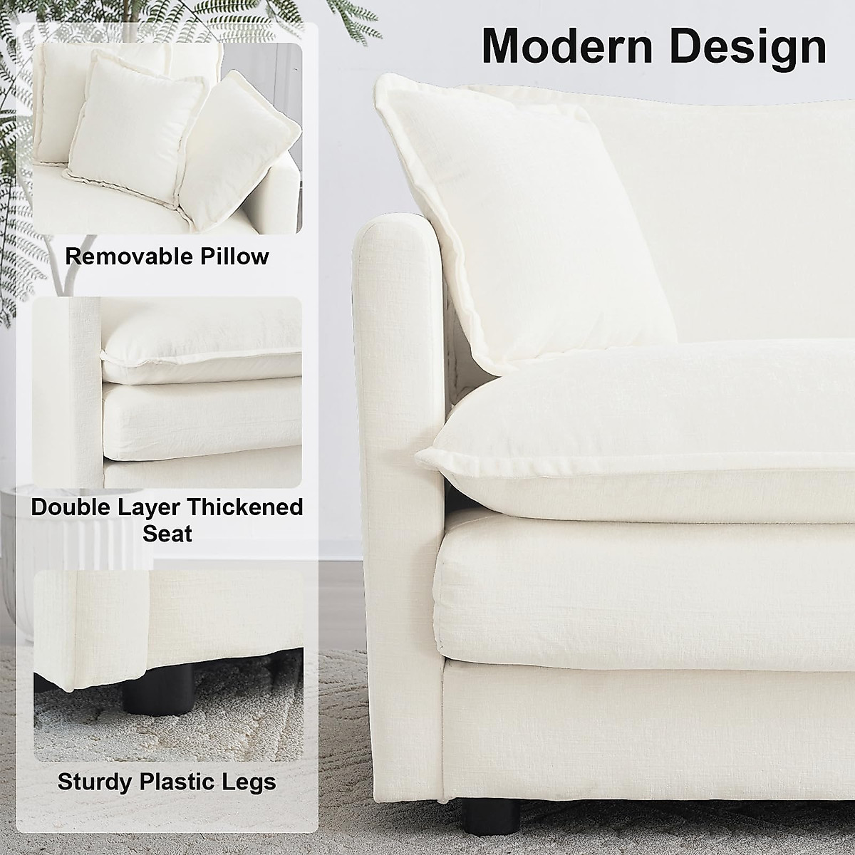 Linyuanwai Chenille 4-Seater Sofa Couch, Comfy Oversized Cloud Couch with Deep Seat and 6 Pillows Lounge Upholstered Large Sofa for Living Room Bedroom Office Apartment (White)