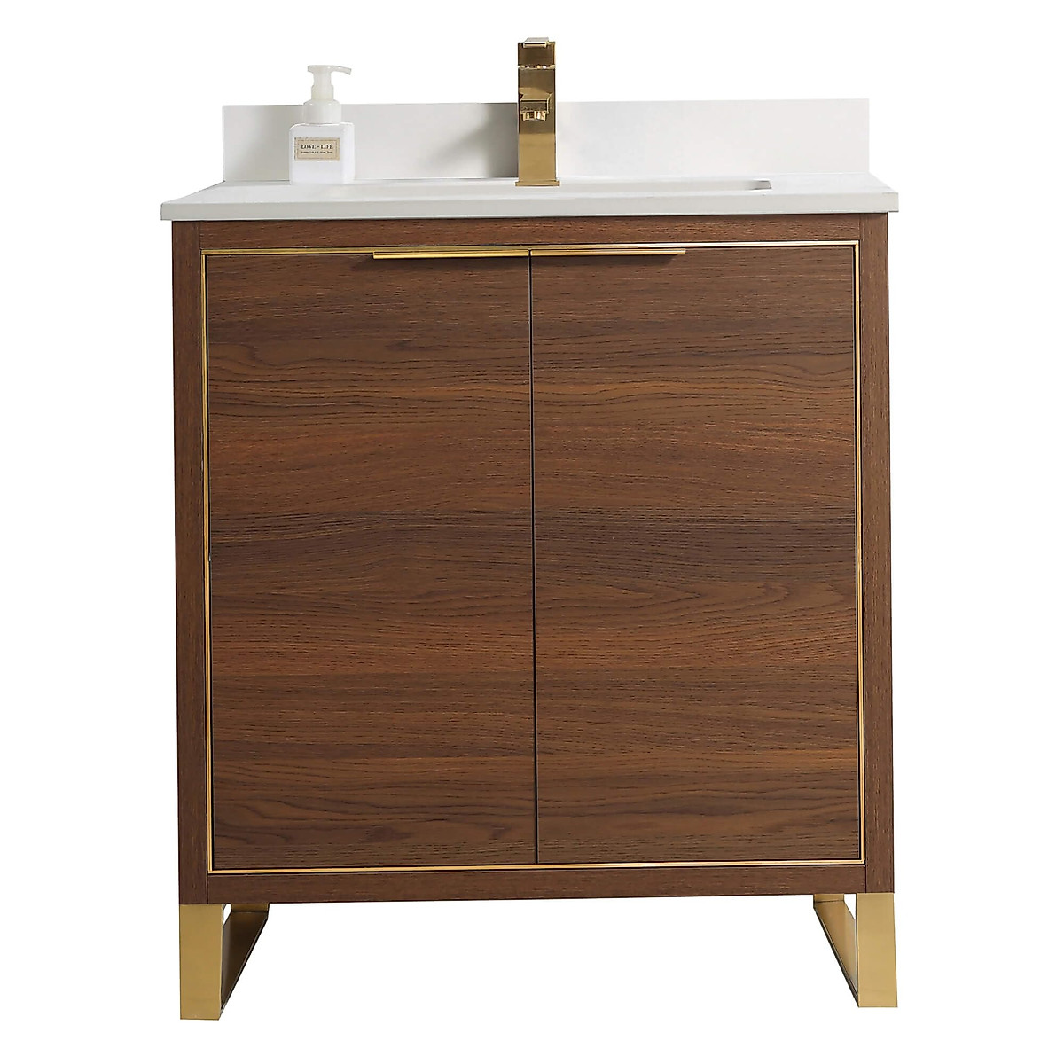 Fine Fixtures Opulence Collection 30 in. W x 18 in. D x 33 in. H Bathroom Vanity in Walnut Ebony with White Matte Sintered Stone Sink - Satin Brass Hardware