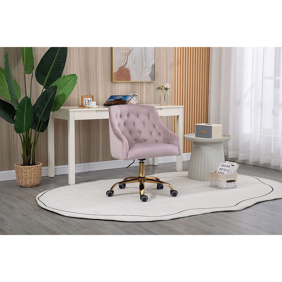 ZOBIDO Comfy Home Office Task Chair with Wheels, Cute Modern Upholstered Velvet Seashell Back Adjustable Swivel Vanity Desk Chair, for Women, for Girls, Living Room, Bedroom(Lilac Purple)
