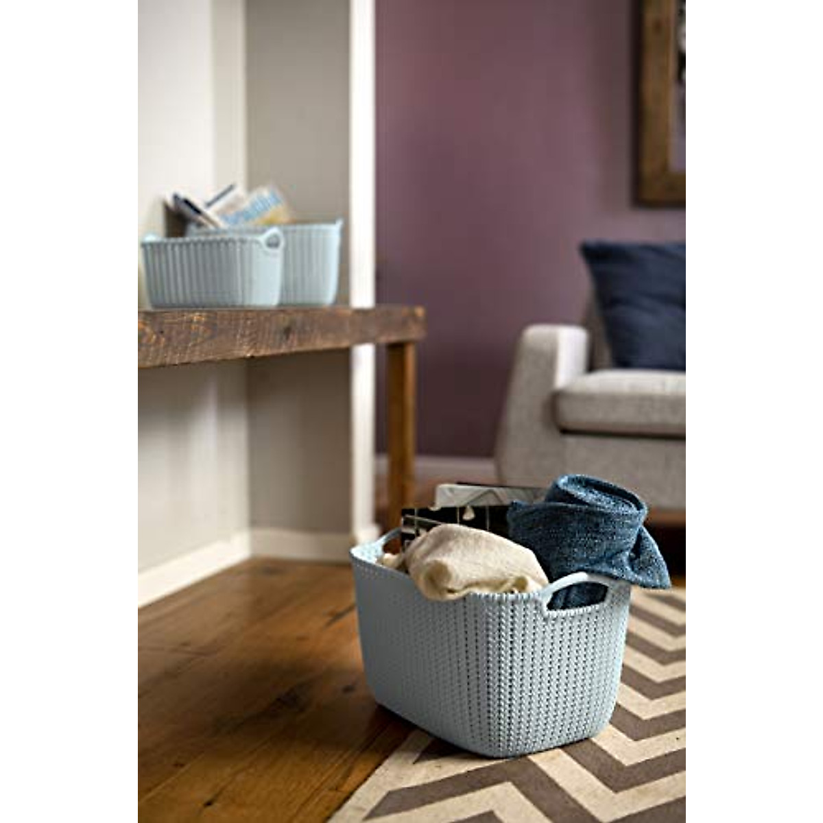Curver Knit x5 Large Rectangular Storage Basket 19L - Misty Blue, Grey (254285)