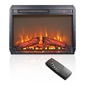 23 Inch Electric Fireplace Insert, Ultra Thin Heater with Log Set & Realistic Flame, Remote Control with Timer, Overheating Protection, BOJATU
