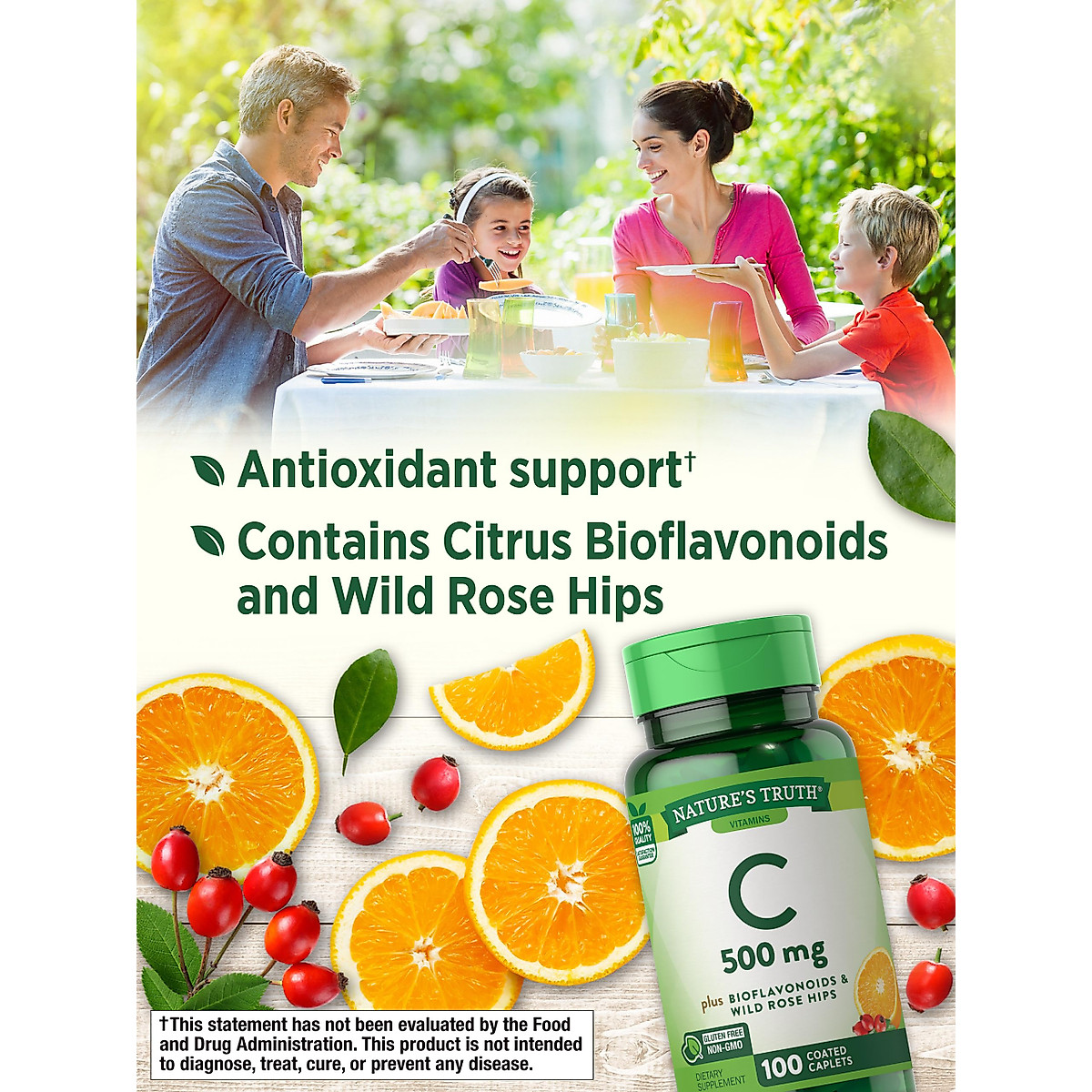 Vitamin C with Rose HIPS and Bioflavonoids | 500mg | 100 Caplets | Vegetarian, Non-GMO & Gluten Free | by Nature's Truth.