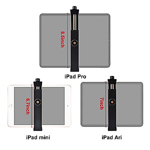 iPad Holder, Tablet Tripod Mount Adapter and Camera Shutter 6.3-9.25 inches Adjustable Vlog Clamp Compatible with iPad Mini iPad 2/3/4, Air/Air2, iPad Pro Microsoft Surface Samsung Tab A10 Fire