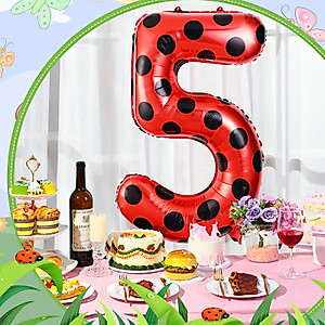 Lunmon 40 Inch Ladybug Large Number 5 Balloon 40 Inch Ladybug Balloon Birthday Decorations Supplies Black Red Polka Dots Ladybird Dots Ladybug Theme Number Balloons for 5th Birthday Party Baby Shower