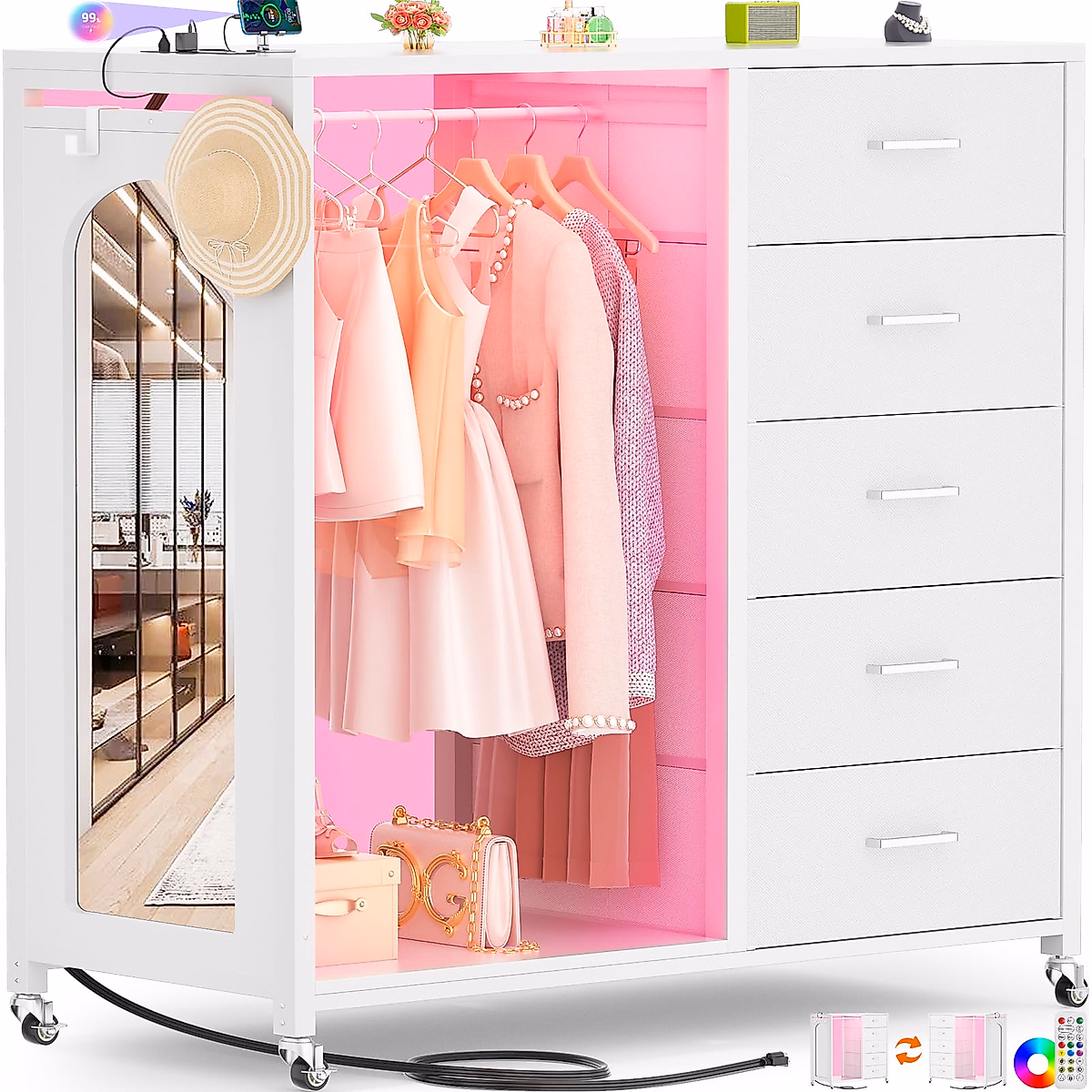 Cyclysio Dresser for Bedroom with Clothes Rack & Mirror, White 5 Drawers Dresser with Charging Station & LED Lights, Rolling Chest of Drawers with Wheels, Full Length Mirror, Wooden Top,Bedroom,Closet