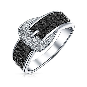 Trendy Fashion Pave Cubic Zirconia Black CZ Statement Belt Buckle Band Ring For Women .925 Sterling Silver