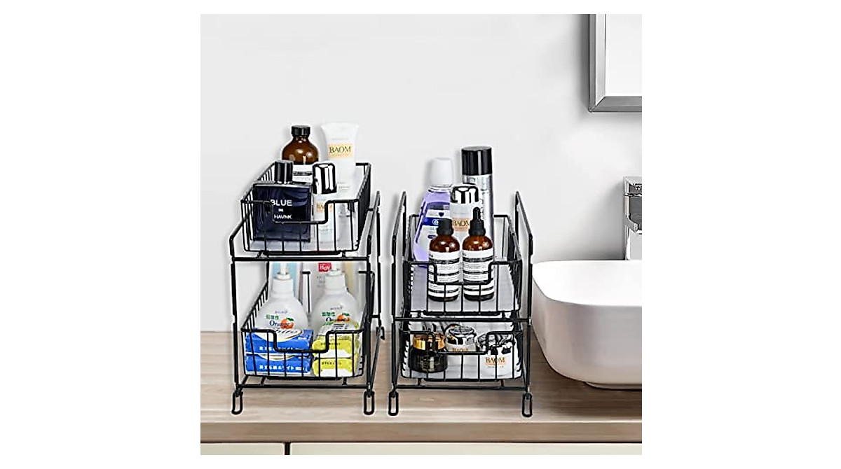 SUFAUY Pull-Out Sliding Drawer, 2 Tier Cabinet Organizer Metal Basket ...