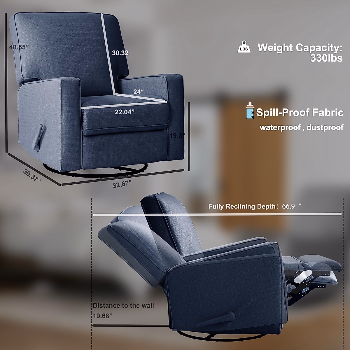 Harkawon Swivel Rocker Recliner Chair, Glider Rocker Recliner, Rocking Chair Nursery, Fabric Chair with High Back, Deep Seat, for Living Room, Bedroom, Blue