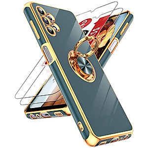 LeYi for Samsung Galaxy A32 5G Case with Tempered Glass Screen Protector [2 Pack] 360° Rotatable Ring Holder Magnetic Kickstand, Plating Rose Gold Edge Protective Case, Grey