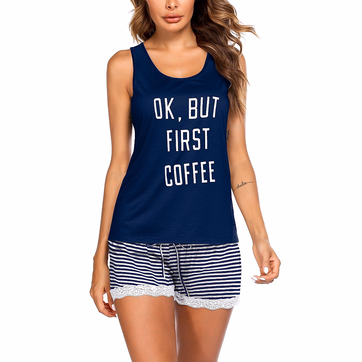 Ekouaer Womens Pajama Sets Sleeveless Tank Top and Shorts Pj Set Lace Hem Sleepwear S-XXXL Navy Blue