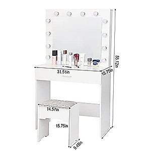 TEEGUI Vanity Set with Lighted Mirror, Makeup Vanity Dressing Table Dresser Desk Chair with Large Drawer for Bedroom, White Bedroom Furniture(12 Cool LED Bulbs) [US Shipping]