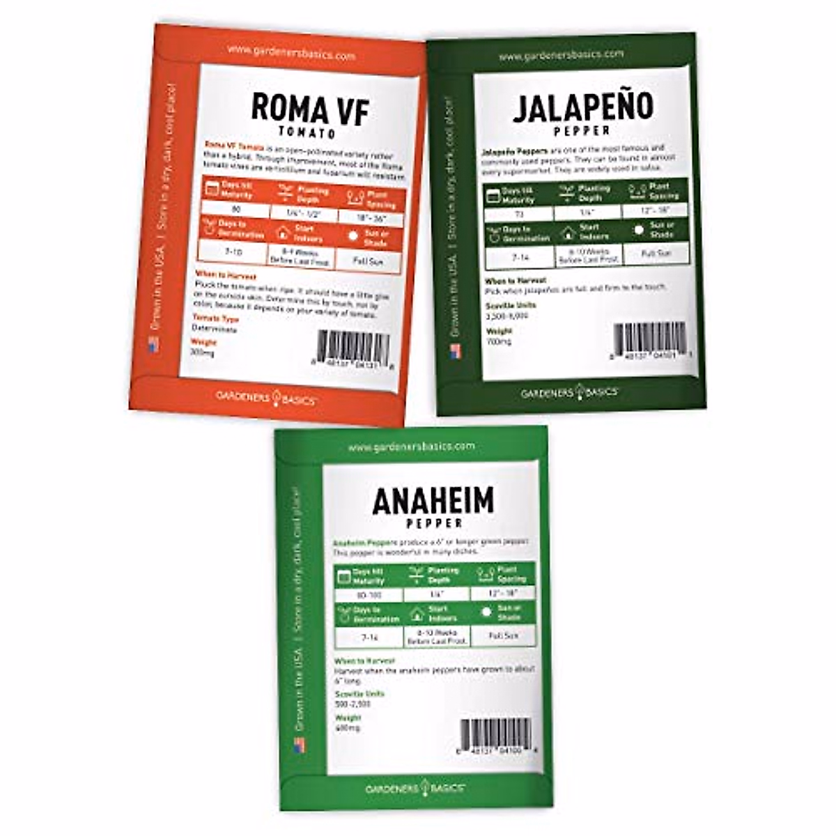 Heirloom Salsa Growing Seed Packets, Roma VF Tomato, Jalapeno, Cilantro, Anaheim and Onion Seeds for Garden Non GMO 5 Free Plant Markers Gardeners Basics