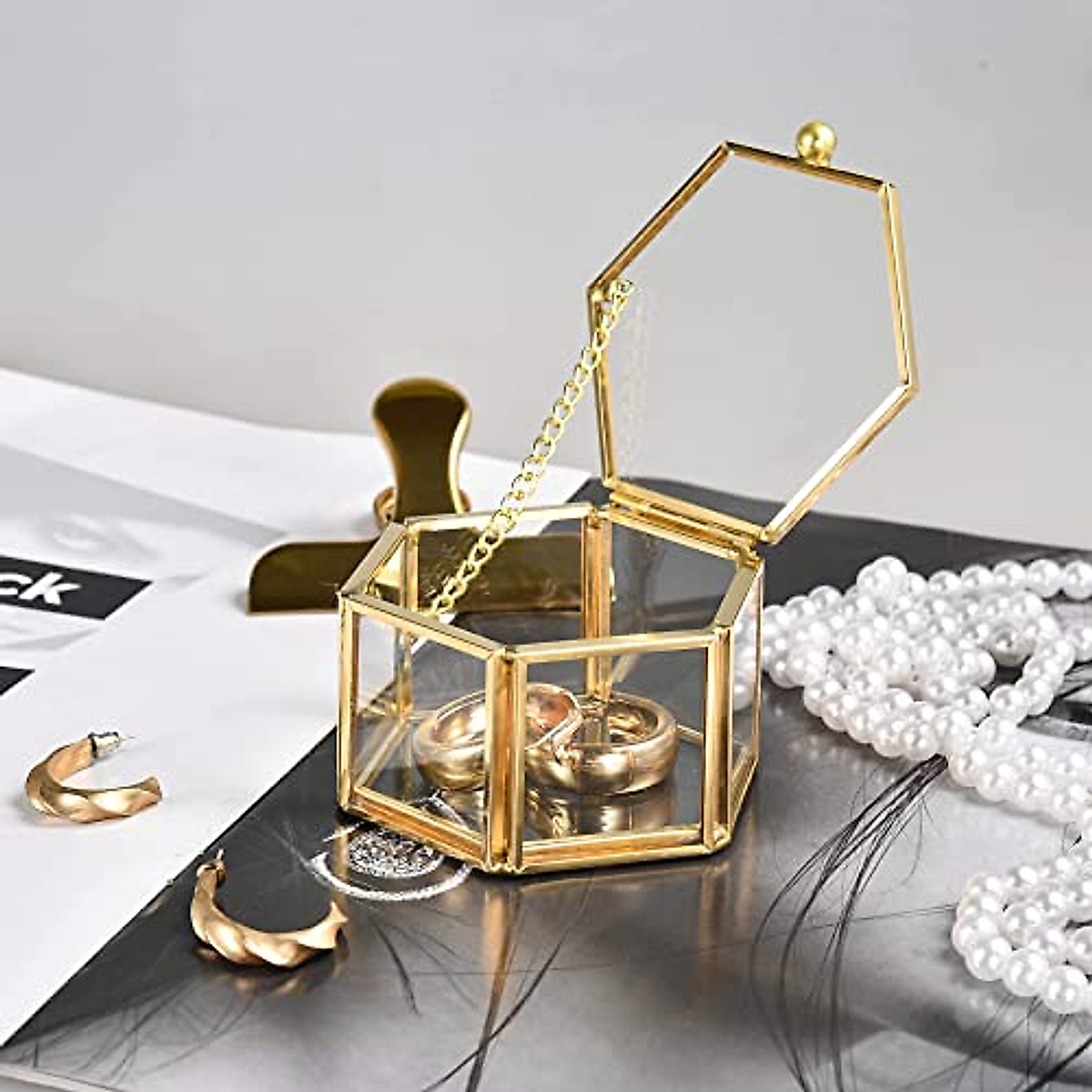 Feyarl Small Gold Glass Jewelry Trinket Tiny Box Ornate Ring Earring Display Box Keepsake Organizer Case Artificial Flower Petals Decorative Box Valentine Wedding Birthday Gift