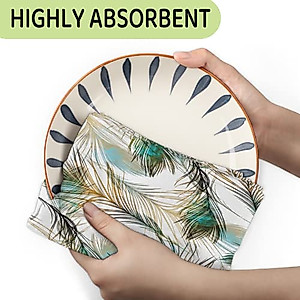 AUUXVA Kitchen Dish Towels Set of 6 Peacock Feather Art Painting Kitchen Towels Absorbent Dishcloths Tea Towels Hand Towels with Hanging Loop for New Home Decor Housewarming Gift