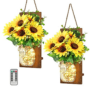 EuroBird Mason Jar Sconces Rustic Wall Sconces Handmade Hanging Wall Decor with Remote Control 5M LED Fairy Lights for Farmhouse, Kitchen, Living Room, Home Wall Decorations Set of Two (Yellow)