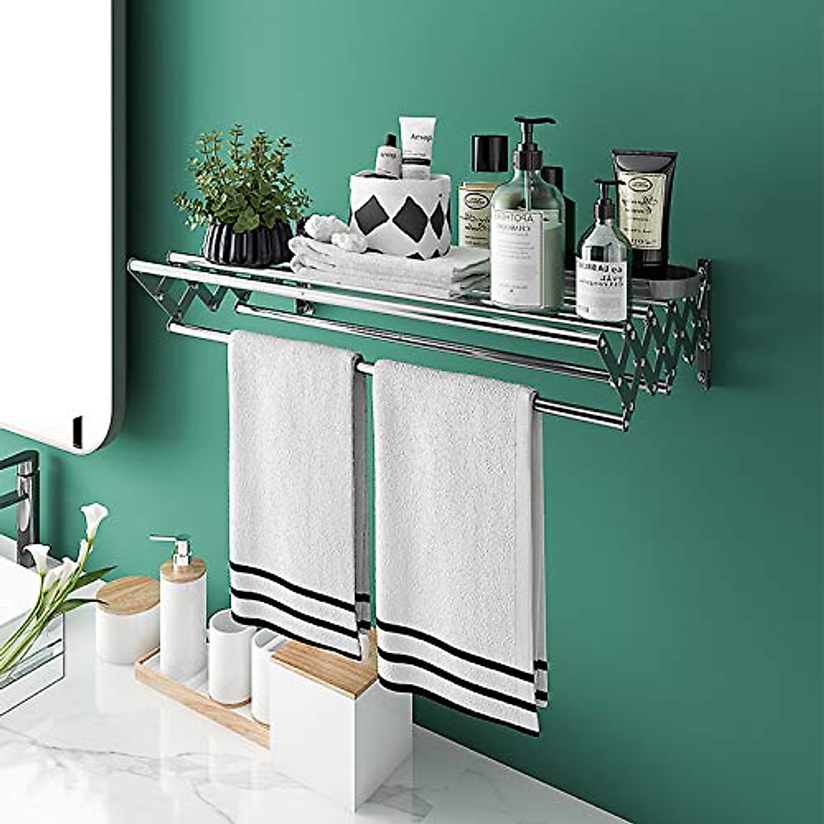 qurutma Wall Mounted Clothes Drying Rack,Stainless Steel Accordion Retractable Drying Rack for Laundry Room/Bathroom Tower，Easy to Install 31-inch Rod, 60 lb Capacity- Indoor and Outdoor Use
