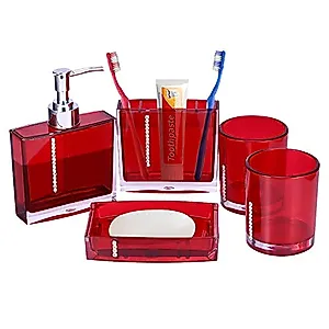Red Bathroom Accessories, Acrylic Bathroom Accessories Set with Bath Cup Bottle Toothbrush Holder Soap Dish 5PC/Set for Hotel Home Bathroom Use
