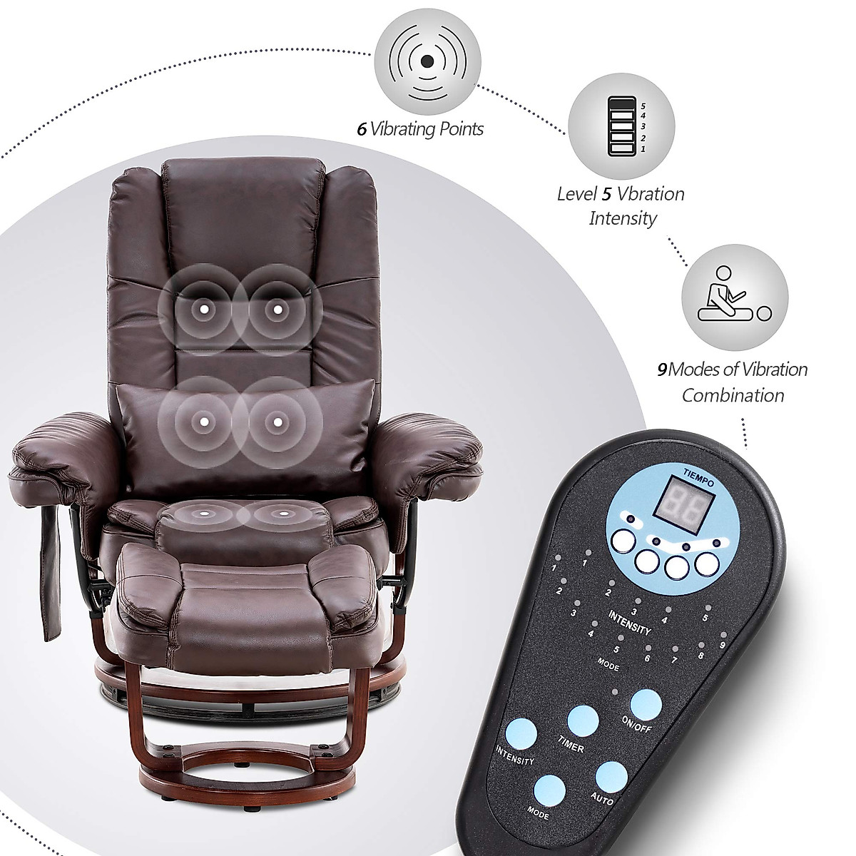 MCombo Recliner with Ottoman Chair Accent Recliner Chair with Vibration Massage, Removable Lumbar Pillow, 360 Degree Swivel Wood Base, Faux Leather 9096 (Dark Brown)