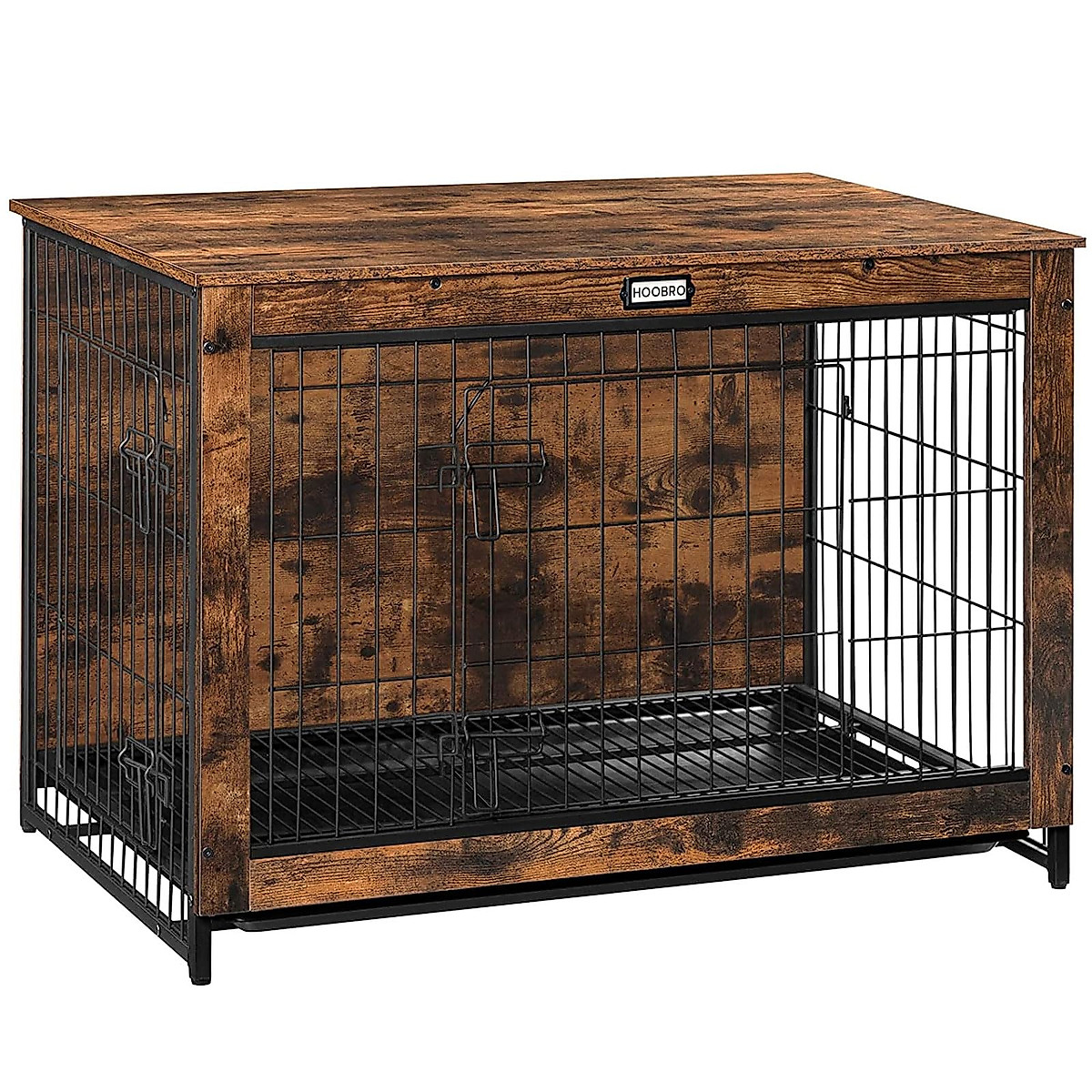 Dog Crate Furniture, 38.6" Large Dog Kennel Indoor, Wooden Dog Crate with Pull-Out Tray, Double Doors Dog House, Modern Side End Table for Small/Medium/Large Dog, Rustic Brown BF982GW03G1