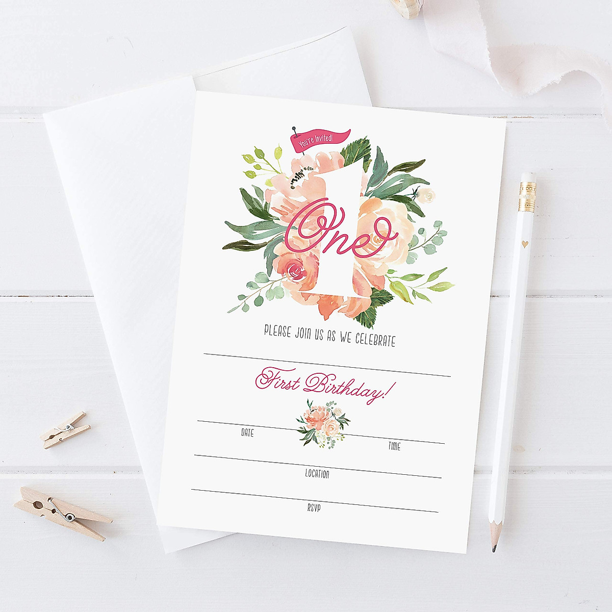 Bliss Collections Invitations with Envelopes for All Occasions, Invites Perfect for: Weddings, Bridal Showers, Engagement, Birthday Party or Special Event, Pack of 25 5x7 Cards - Pink Floral