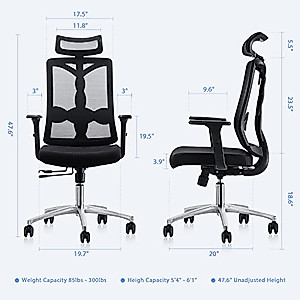 Office Chair Ergonomic,Computer Chair with Neck and Lumbar Support,Mesh Office Chair with Adjustable Headrest,Backrest,Armrest & Seat Depth,Thick Seat Cushion,Office Chairs for Home Office,Black