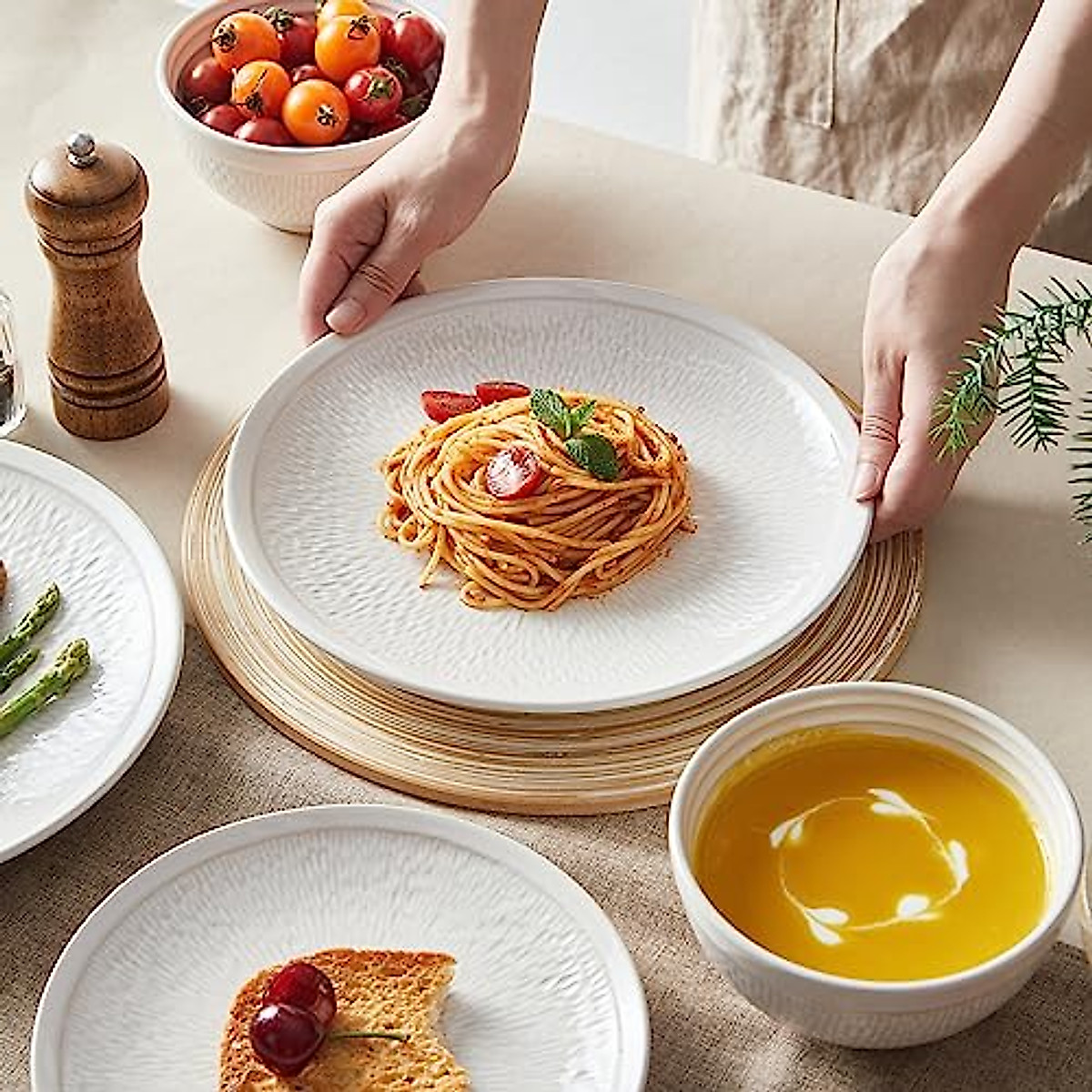 Pokini Ceramic Dinnerware Sets, Beige Relief Plates and Bowls Sets, 12 Pieces Stoneware Dinnerware Set Service for 4, Vintage Look Kitchen Dish Set, Handmade Highly Chip and Crack Resistant Dishes