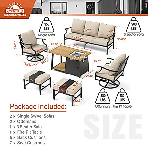 SUNSHINE VALLEY Patio Furniture Set with Firepit Table, Metal Outdoor Patio Furniture, 2 Swivel Chairs, 3 Seater Sofa, 2 Ottomans with 5.75" Extra Thick Cushion and 46" Gas Firepit Table for Backyard