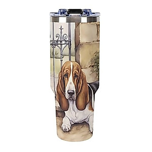 Basset Hound at The Gate 40 Oz Stainless Steel Cup Travel Tumbler with Handle and Straw Lightweight Coffee Mug for Home Office