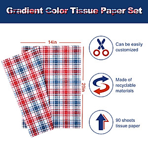 Whaline 4th of July Tissue Paper 90 Sheet Patriotic Stars Stripes Pattern Tissue Paper 6 Design Red Blue White Wrapping Paper Holiday Art Tissue for Independence Day DIY Gift Packing Party Favor