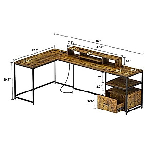VEELOK L Shaped Desk - 87" L Shaped Gaming Desk with Power Outlet & Monitor Shelf, Home Office Corner Computer Desk with Printer Shelf & File Drawer, Rustic Brown