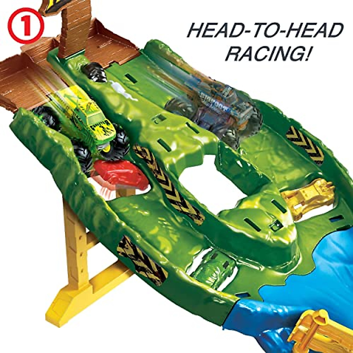 Hot Wheels Monster Trucks Wreckin' Raceway with 2 Toy Trucks: Bigfoot & Gunkster, Head-To-Head Race with Obstacles